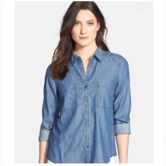 Eileen Fisher | Tops | Eileen Fisher Classic Collar Denim Button Down Chambray Shirt Size Xl ...